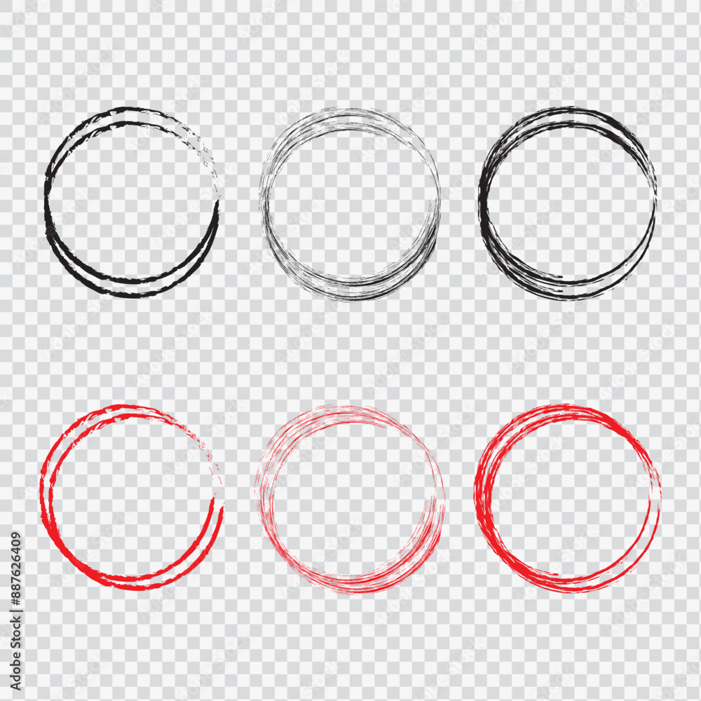 Red circle line hand drawn set. Highlight hand drawing circle isolated ...