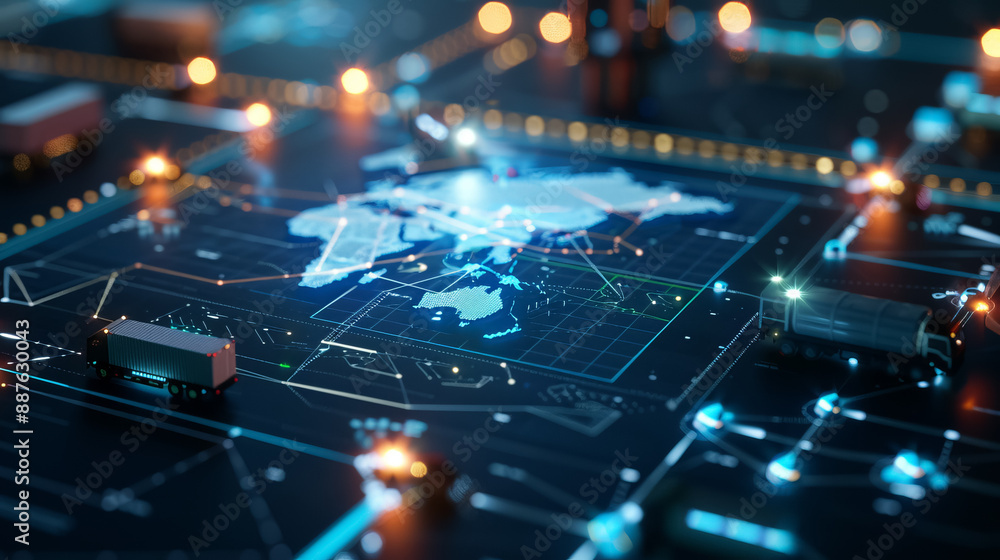 Futuristic logistics network concept with glowing dots and global map ...