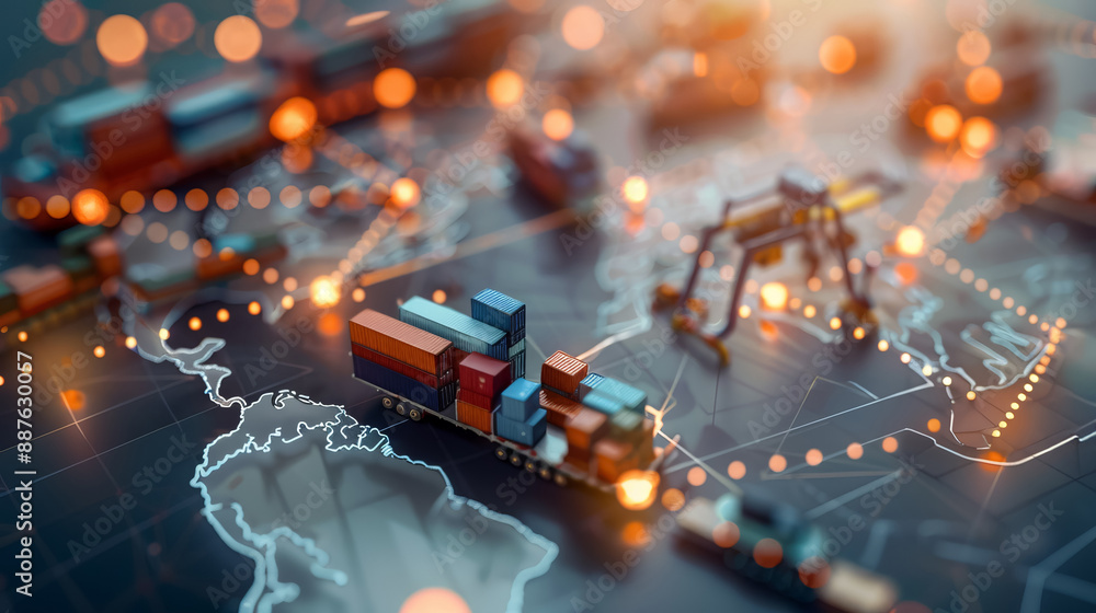 Global logistics network concept with cargo ships, interconnecting dots ...