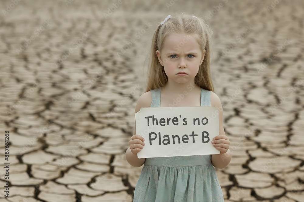 Angry sad girl holding up the sign "There's no planet B" on dry cracked ...