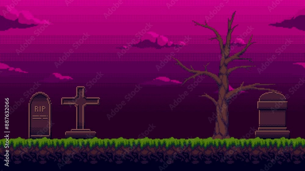 Animated pixel art graveyard landscape. Cemetery background against ...