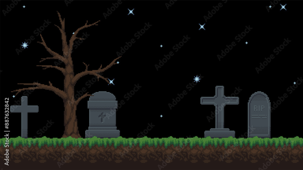 Pixel art cemetery landscape. Graveyard seamless background with ...