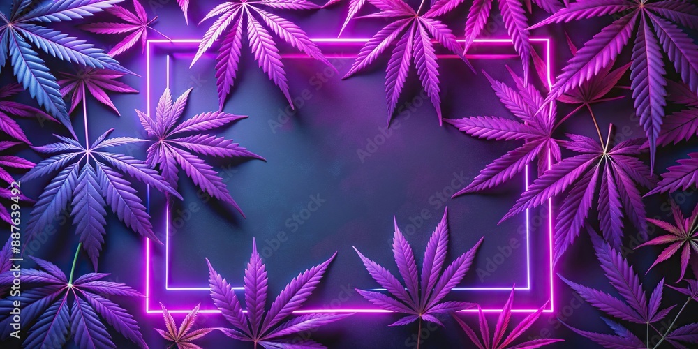 Vibrant neon frame featuring purple cannabis leaves on bright ...