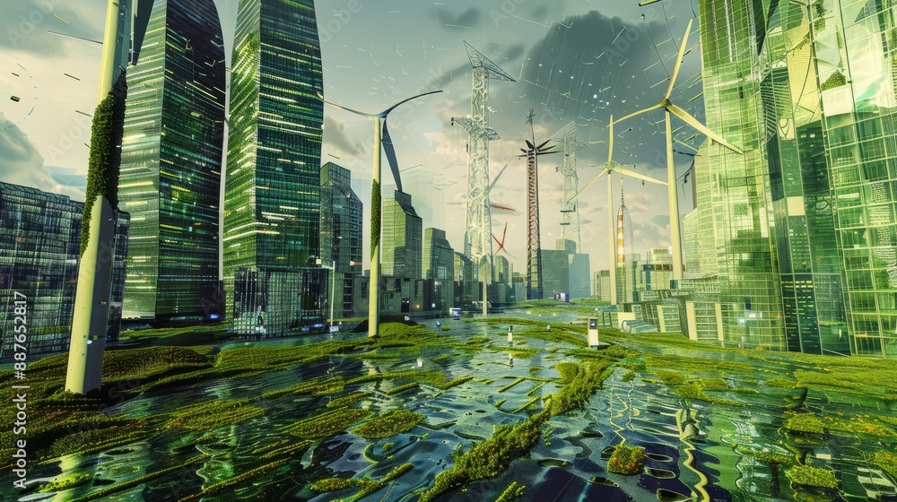 A surrealistic scene of a green energy utopia with futuristic cities ...