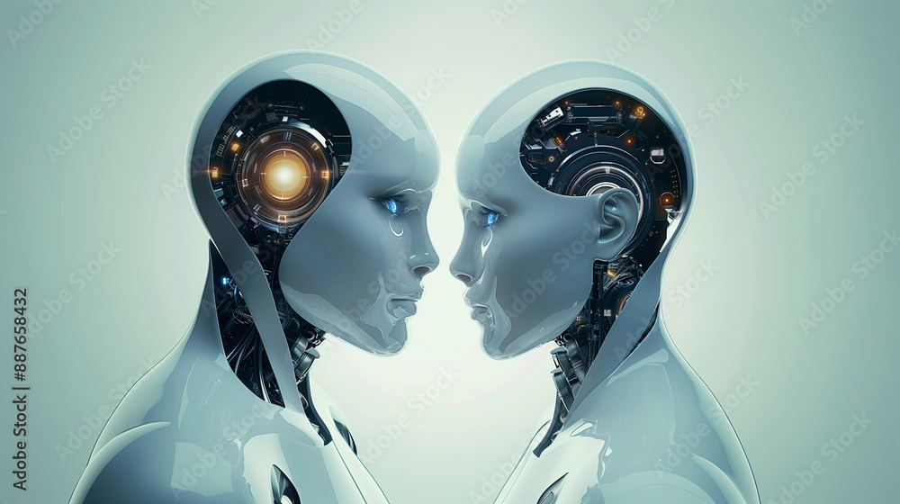 Face To Face Robots Futuristic Robots With Exposed Circuitry And Blue