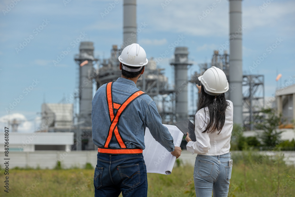 Engineer with blueprint and tablet working factory producing electricity oil energy ...