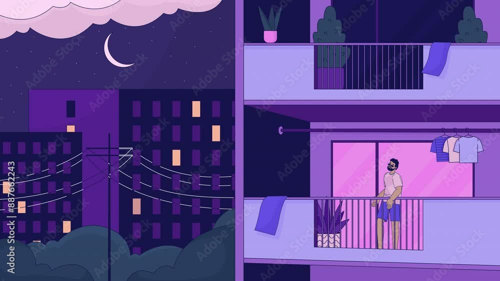 Black man standing on balcony late night lo fi animated cartoon ...
