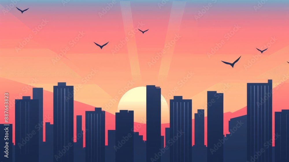 Modern graphic design of an urban skyline at dusk, with silhouettes of ...