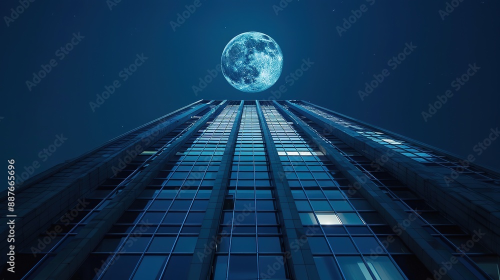 Tall building with illuminated windows under moonlit sky, high ...