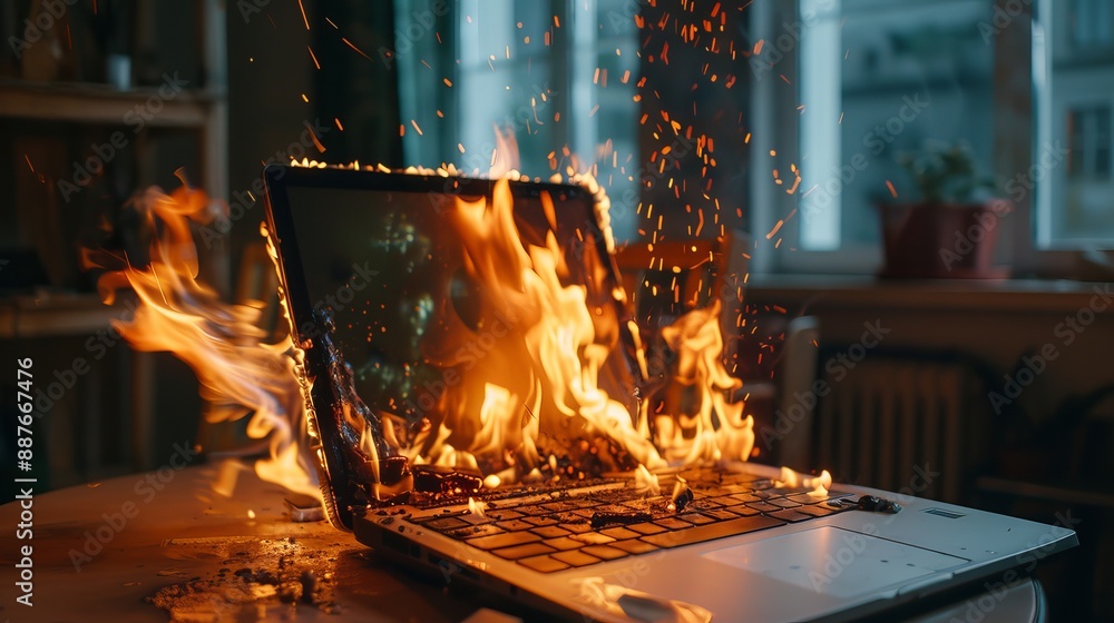 A laptop caught fire in the room on the table, displaying flames and ...