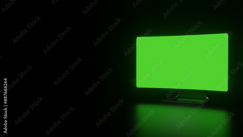Modern desktop/computer with rounded edges with a green screen. 3d ...
