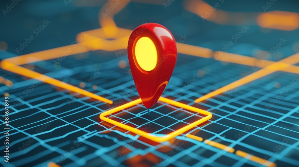 Red location pin on blue and yellow grid map, high-res photo, cyberpunk ...