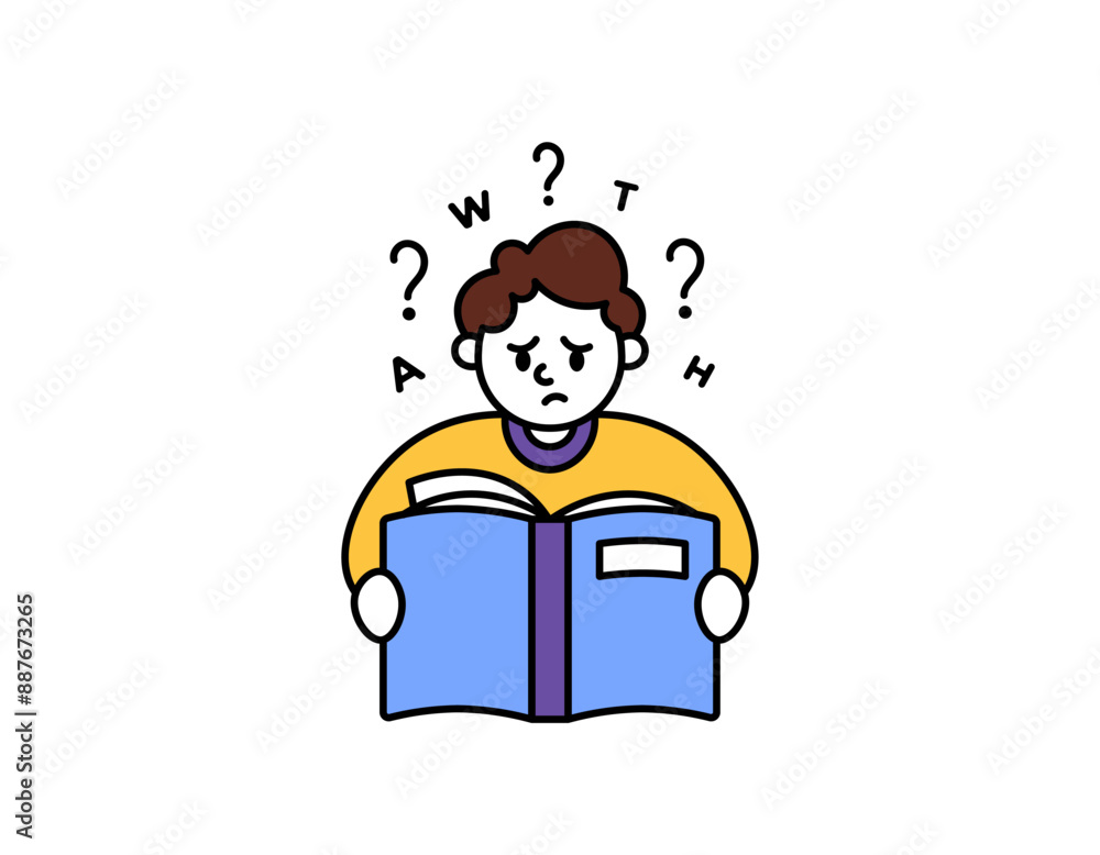 dyslexia concept. illustration of a boy who has difficulty reading ...