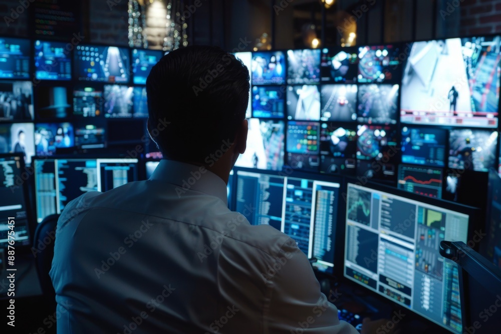 Rear view of a man monitoring multiple screens in a high-tech surveillance control room. Concept ...