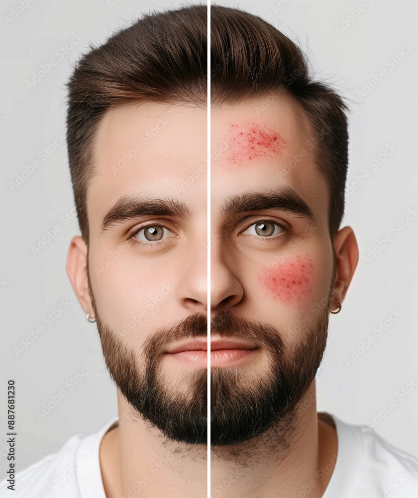 Rosacea & Skin Conditions : Men's Faces, Before After Treatment. Close ...