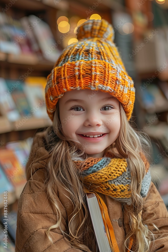 Niña joven feliz y sonriente en una biblioteca. Niños en la biblioteca ...