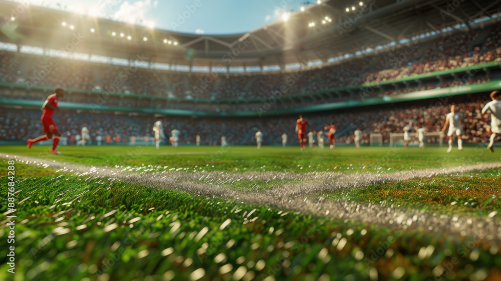 Professional football match being played in a large stadium filled with ...