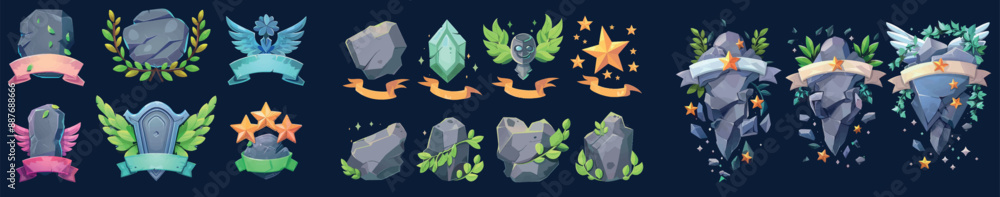 For UI design of the game, win badge with wings, ribbons and rating ...