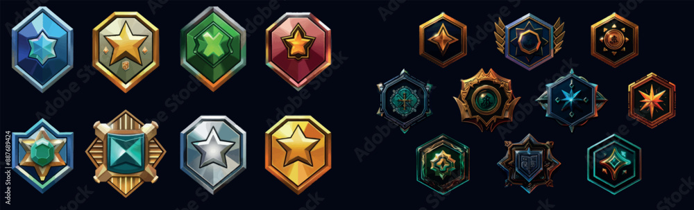 Inset of colorful hexagon gui award labels and trophy for achievement ...