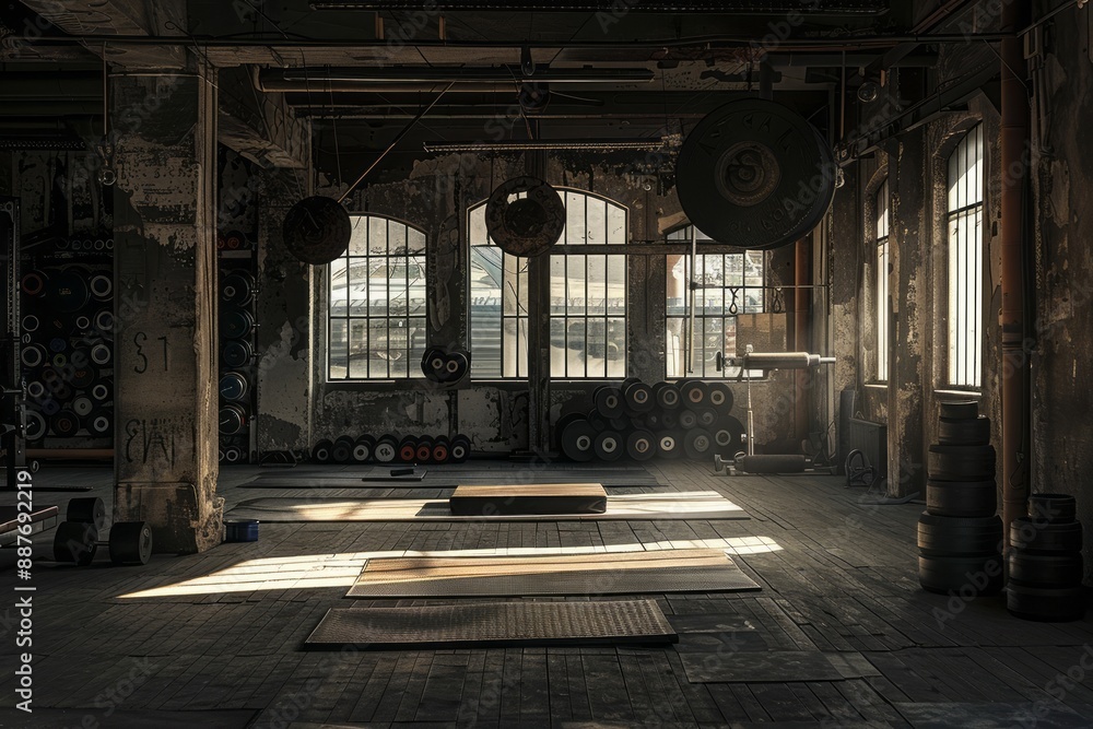 Gym, empty gym, sun rays coming through the gym windows creating ...