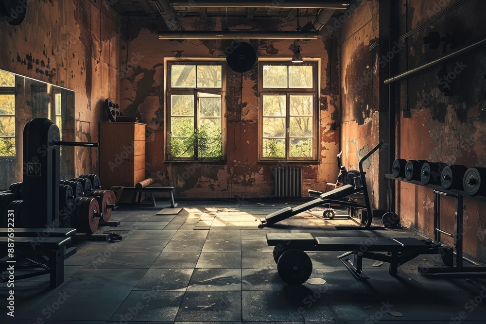 Gym, empty gym, sun rays coming through the gym windows creating ...