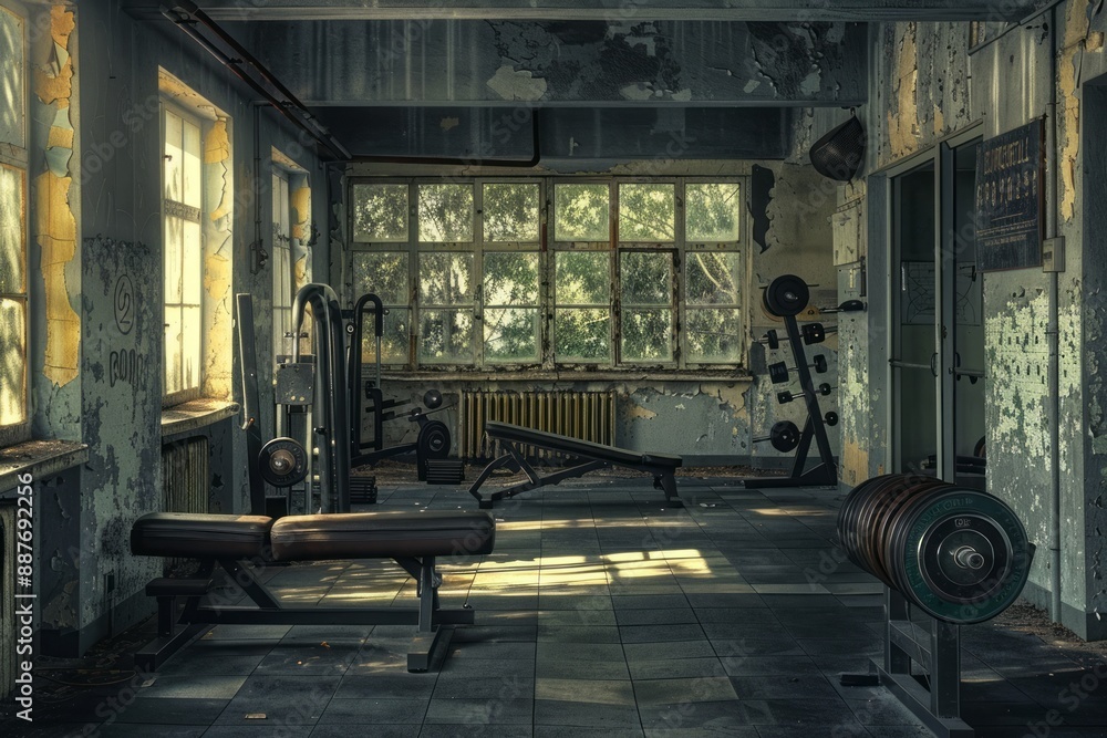 Gym, empty gym, sun rays coming through the gym windows creating ...