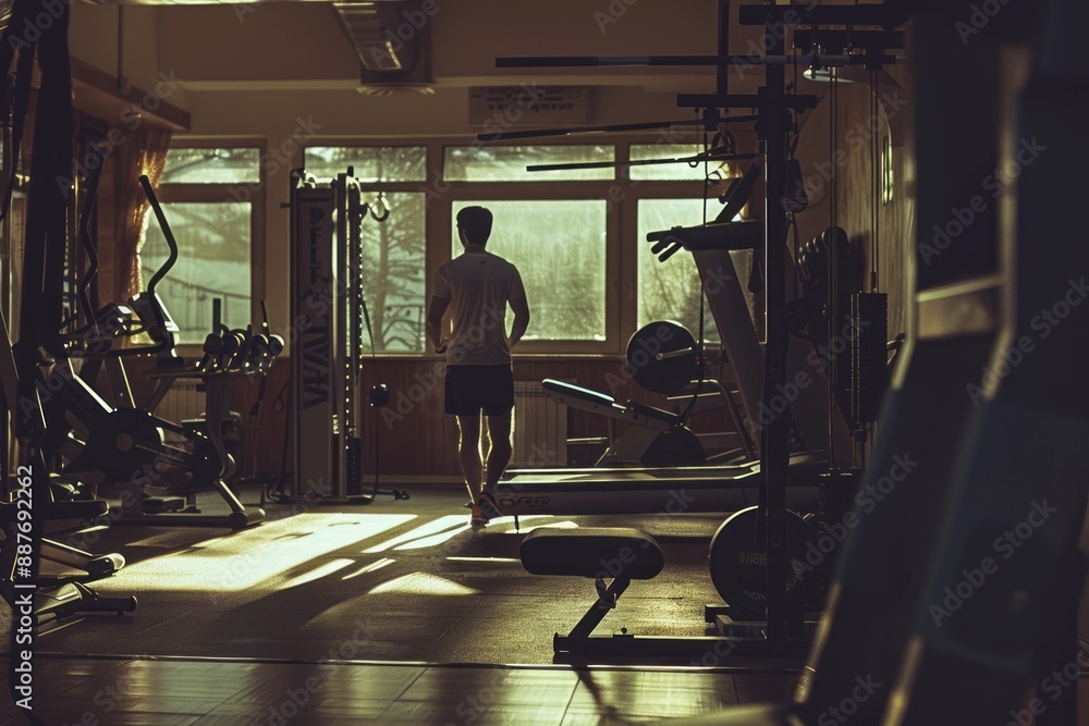 Gym, empty gym, sun rays coming through the gym windows creating ...