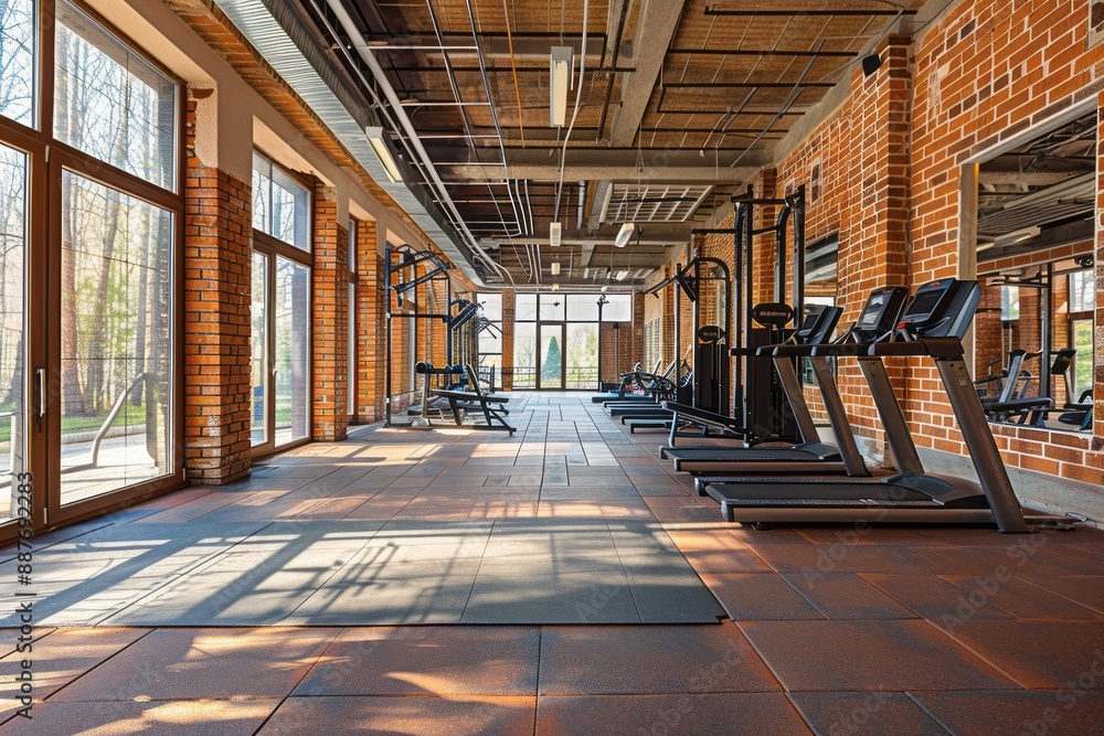 Gym, empty gym, sun rays coming through the gym windows creating ...