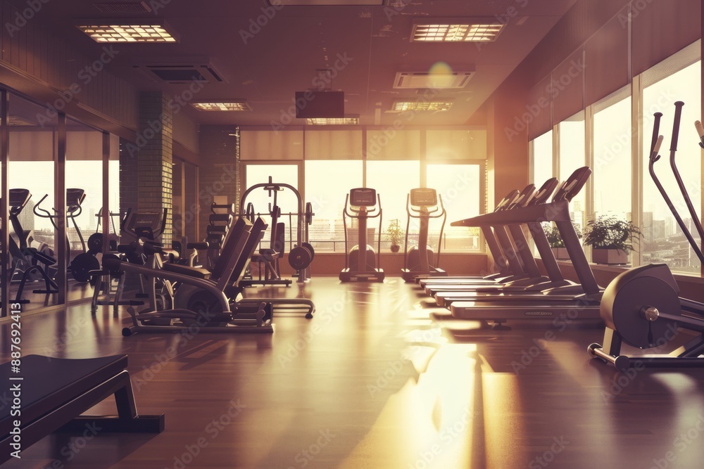 Gym, empty gym, sun rays coming through the gym windows creating ...