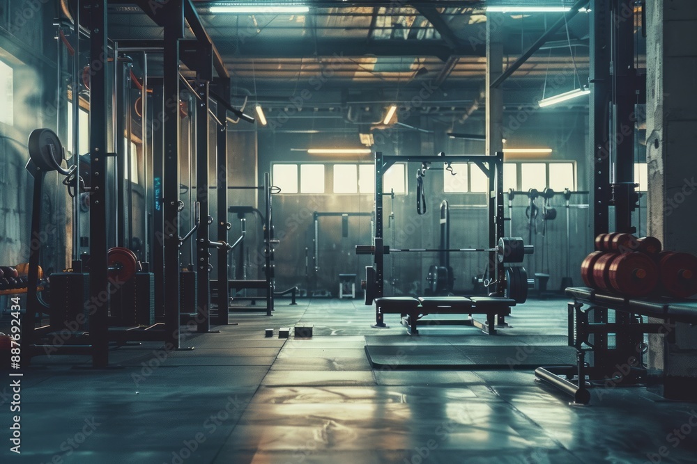 Gym, empty gym, sun rays coming through the gym windows creating ...