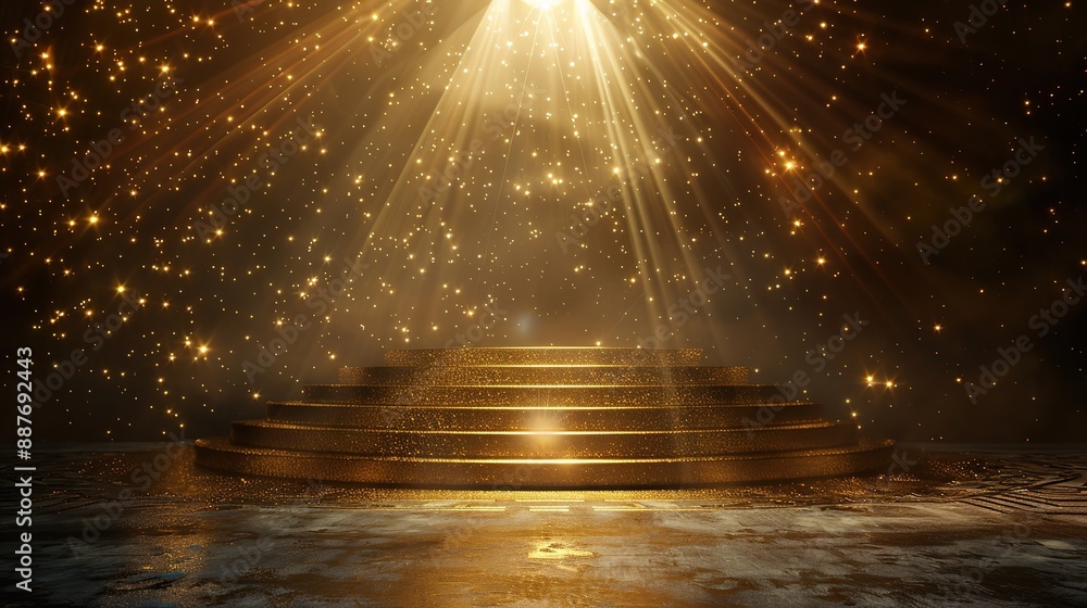 Gold light show stage. Abstract spotlight podium. Golden concert or ...