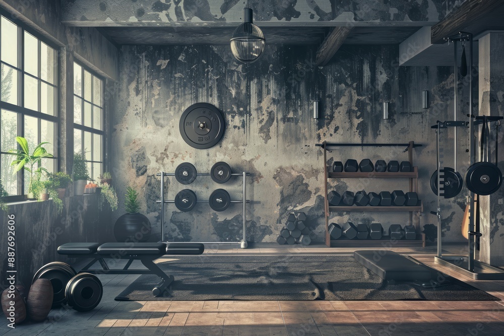 Gym, empty gym, sun rays coming through the gym windows creating ...