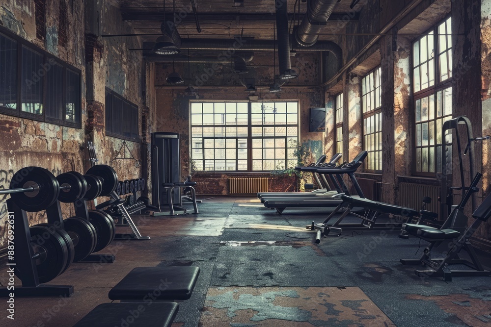 Foto de Gym, empty gym, sun rays coming through the gym windows ...