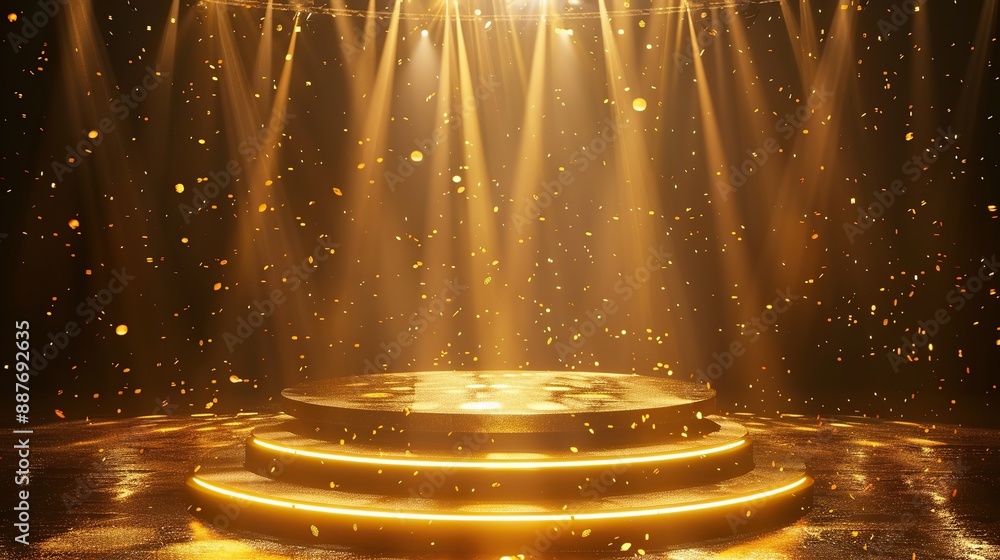 Gold light show stage. Abstract spotlight podium. Golden concert or ...
