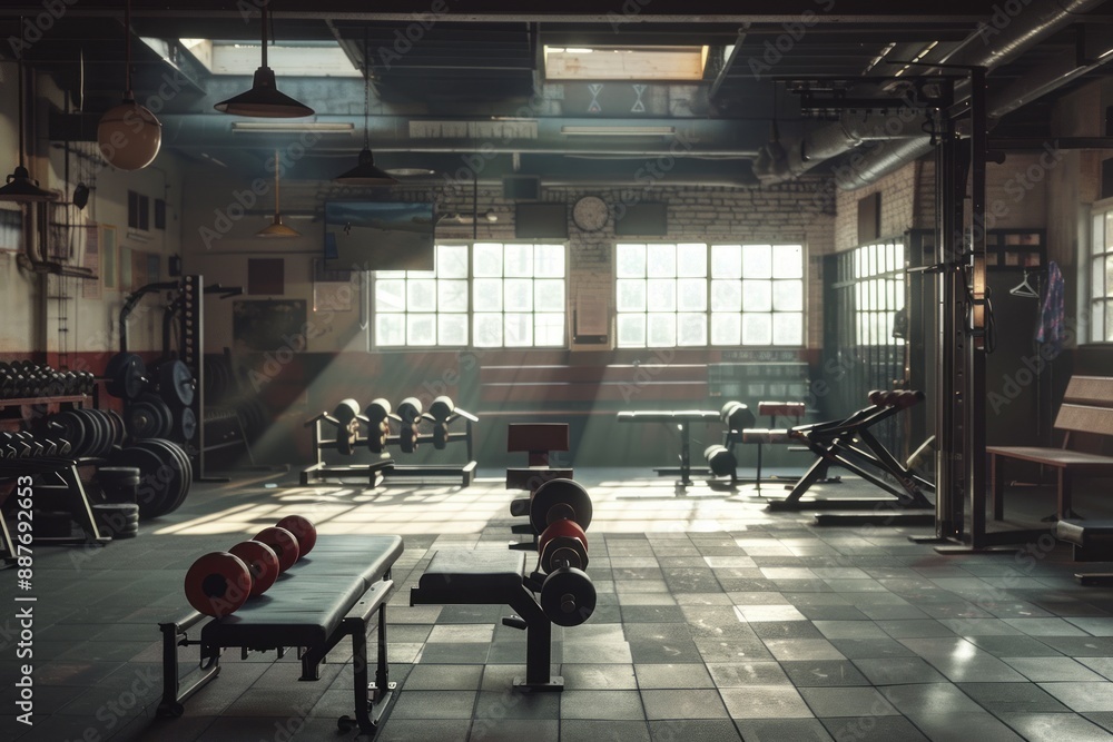 Gym, empty gym, sun rays coming through the gym windows creating ...