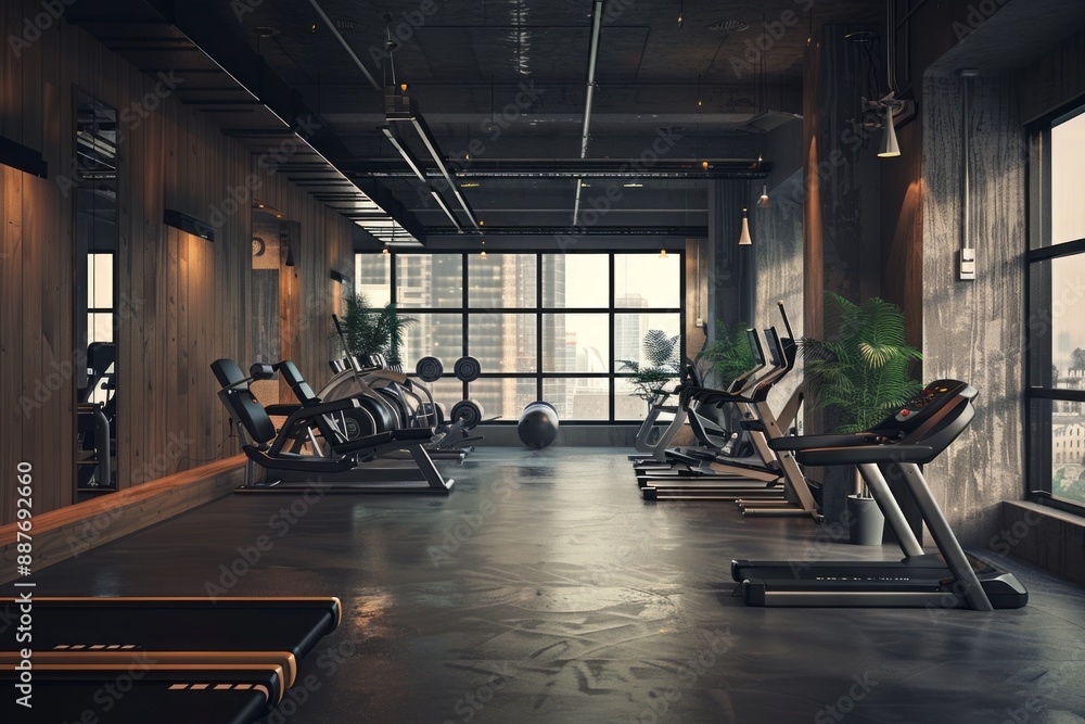 Gym, empty gym, sun rays coming through the gym windows creating ...