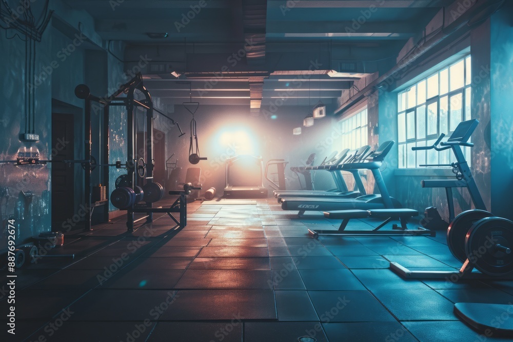 Gym, empty gym, sun rays coming through the gym windows creating ...