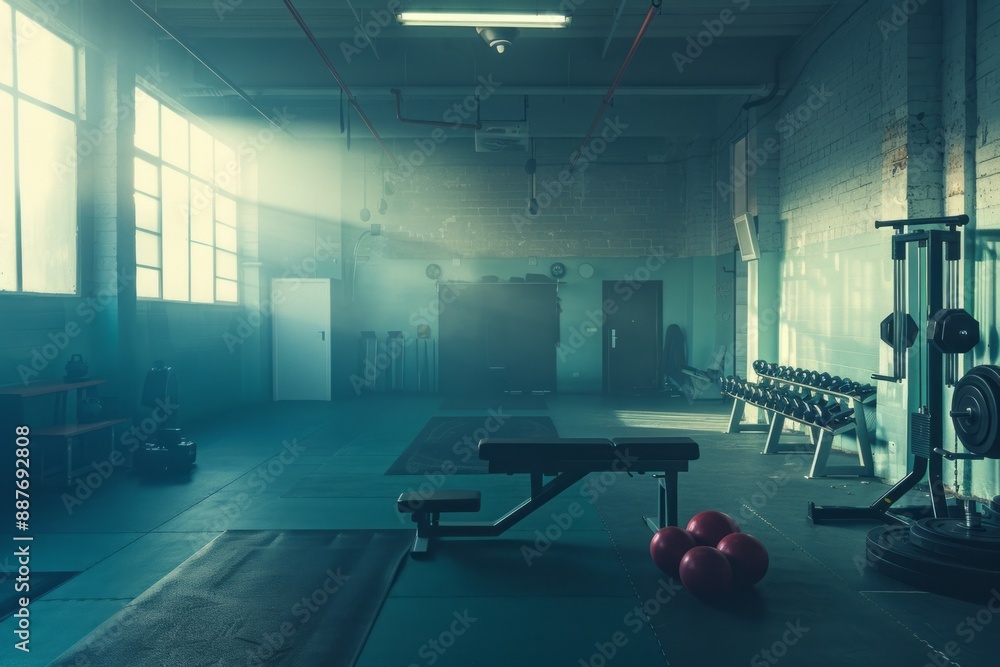 Gym, empty gym, sun rays coming through the gym windows creating ...