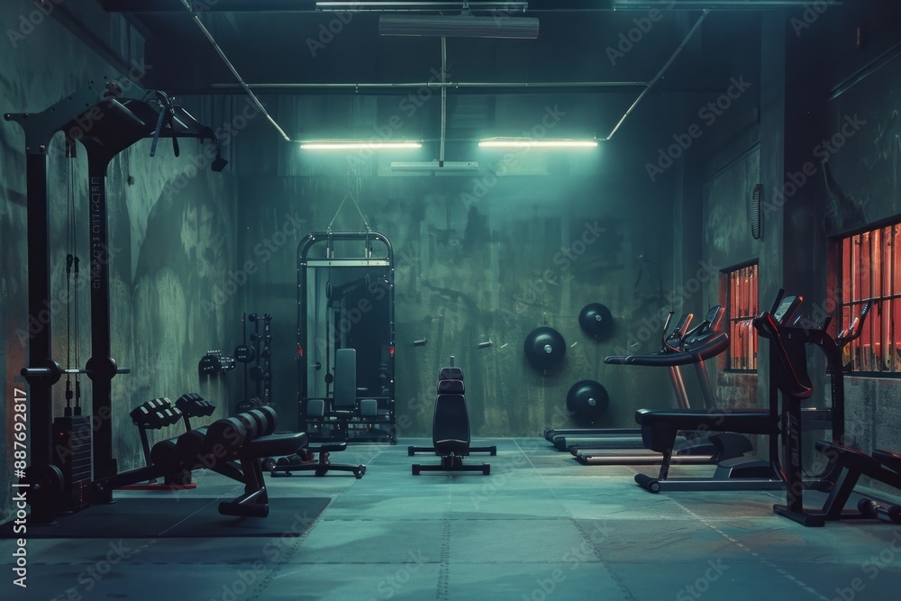 Gym, empty gym, sun rays coming through the gym windows creating ...