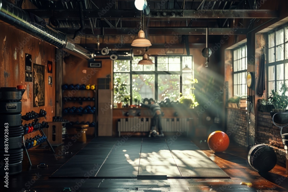 Foto de Gym, empty gym, sun rays coming through the gym windows ...