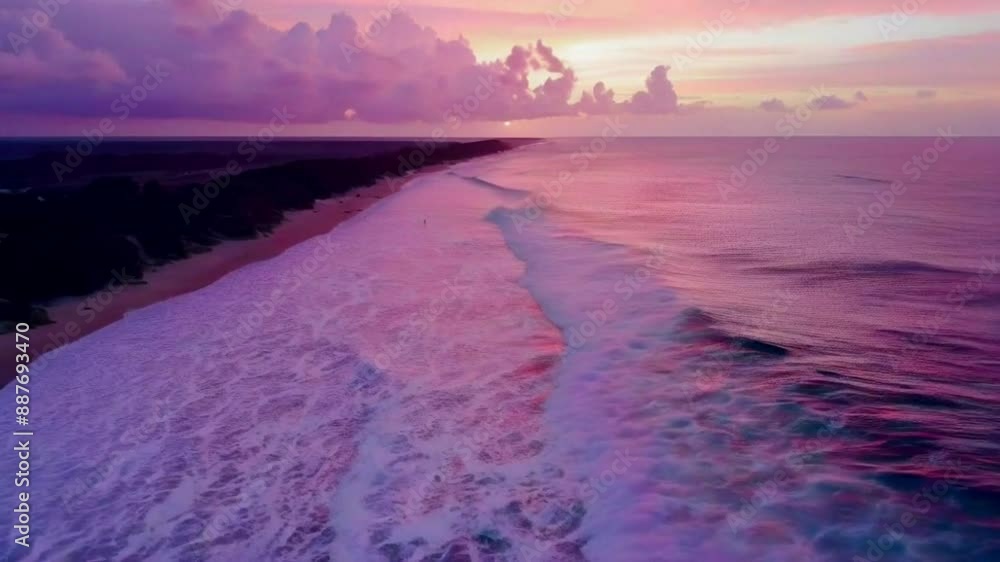 Pink Sunset Over Ocean Waves. A breathtaking view of a pink sunset over ...