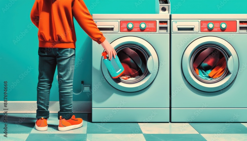 Person doing laundry in a colorful laundromat with modern washing ...