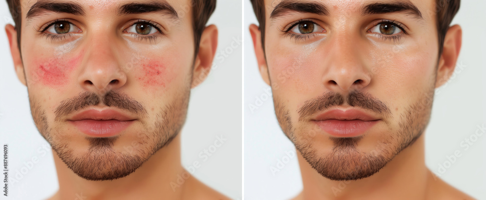 Rosacea & Skin Conditions : Men's Faces, Before After Treatment. Close ...
