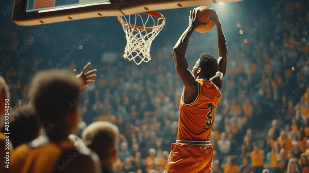African American National Basketball Superstar Player Scoring a Powerful Slam Dunk Goal with ...
