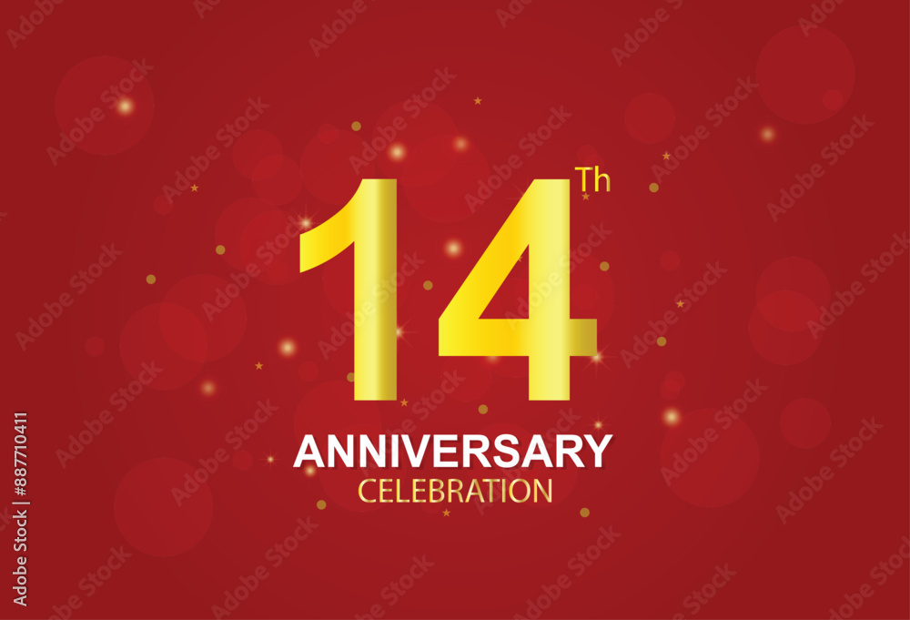 14th anniversary logo with golden ring, confetti and red ribbon ...
