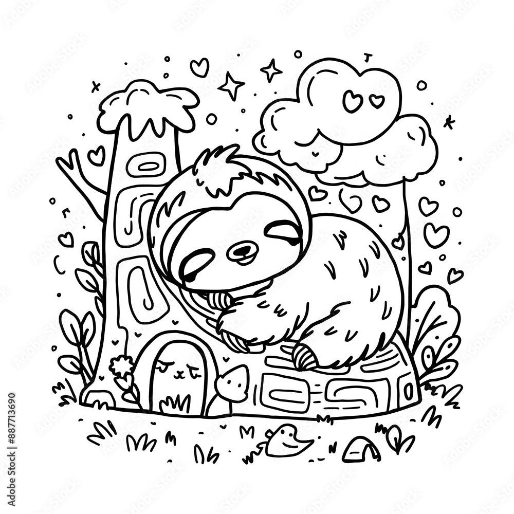 Sloth line art for children coloring book illustration. Cute cartoon ...