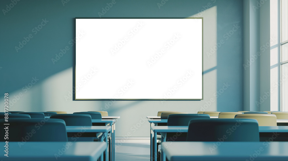 Empty classroom with blank whiteboard and desk rows bathed in sunlight an ideal setup for ...