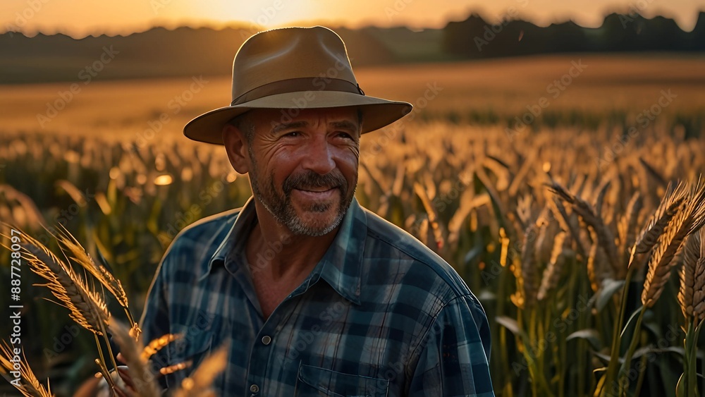 Rural Idyll: A rustic scene of a farmer surveying their bountiful wheat ...