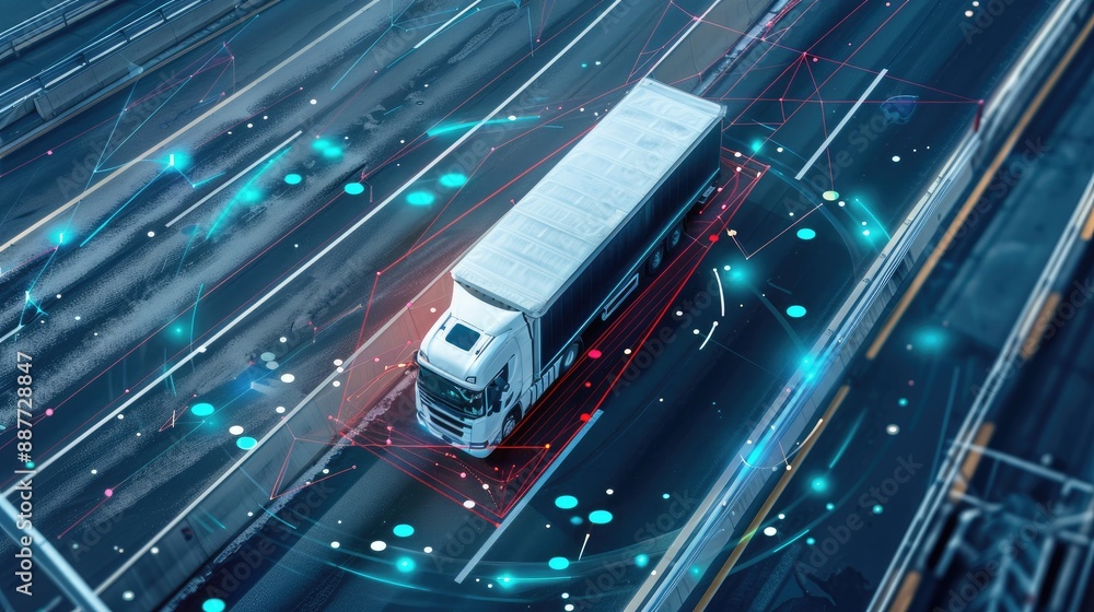 An aerial view of an autonomous truck driving on autopilot on a busy ...