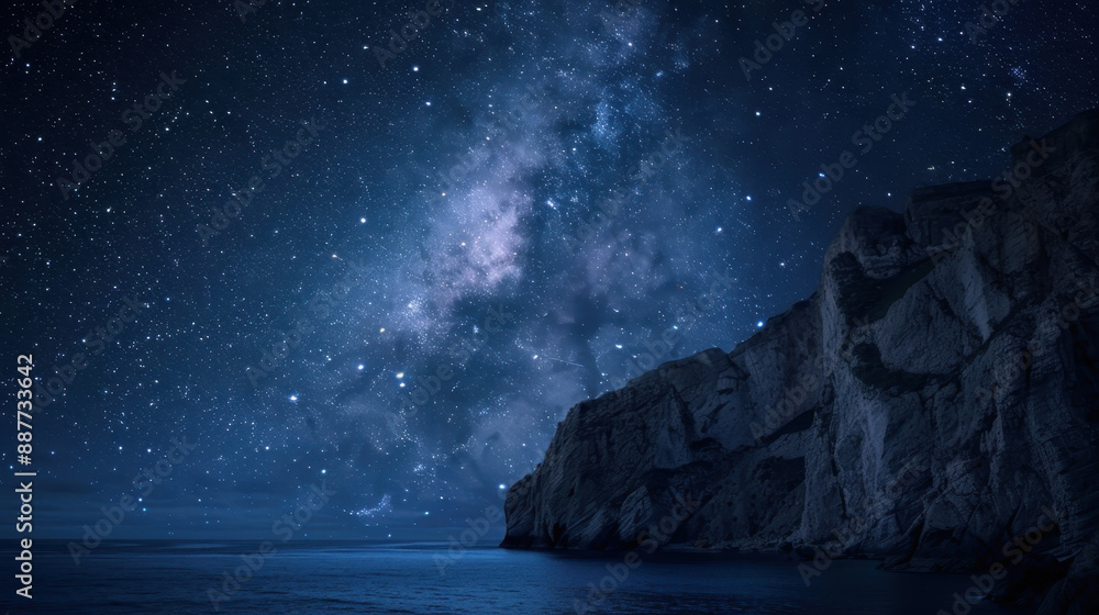 Starry night sky over ocean with rocky cliffs and visible Milky Way ...
